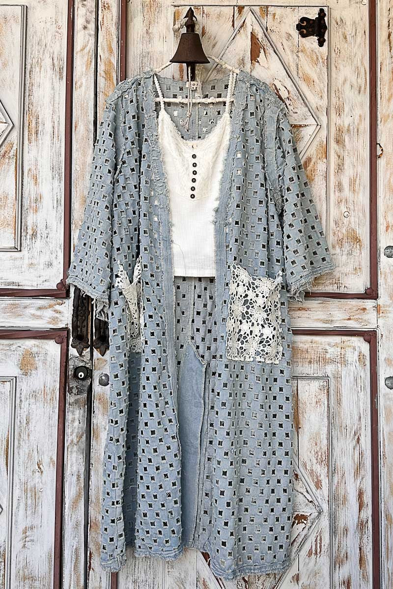 Distressed Denim Duster with Lace Detail – Red Door Gifts & Boutique